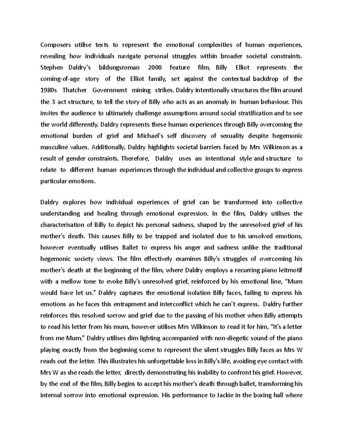 Billy Elliot Essay (Band 6): Exploring Human Emotions & Societal ...