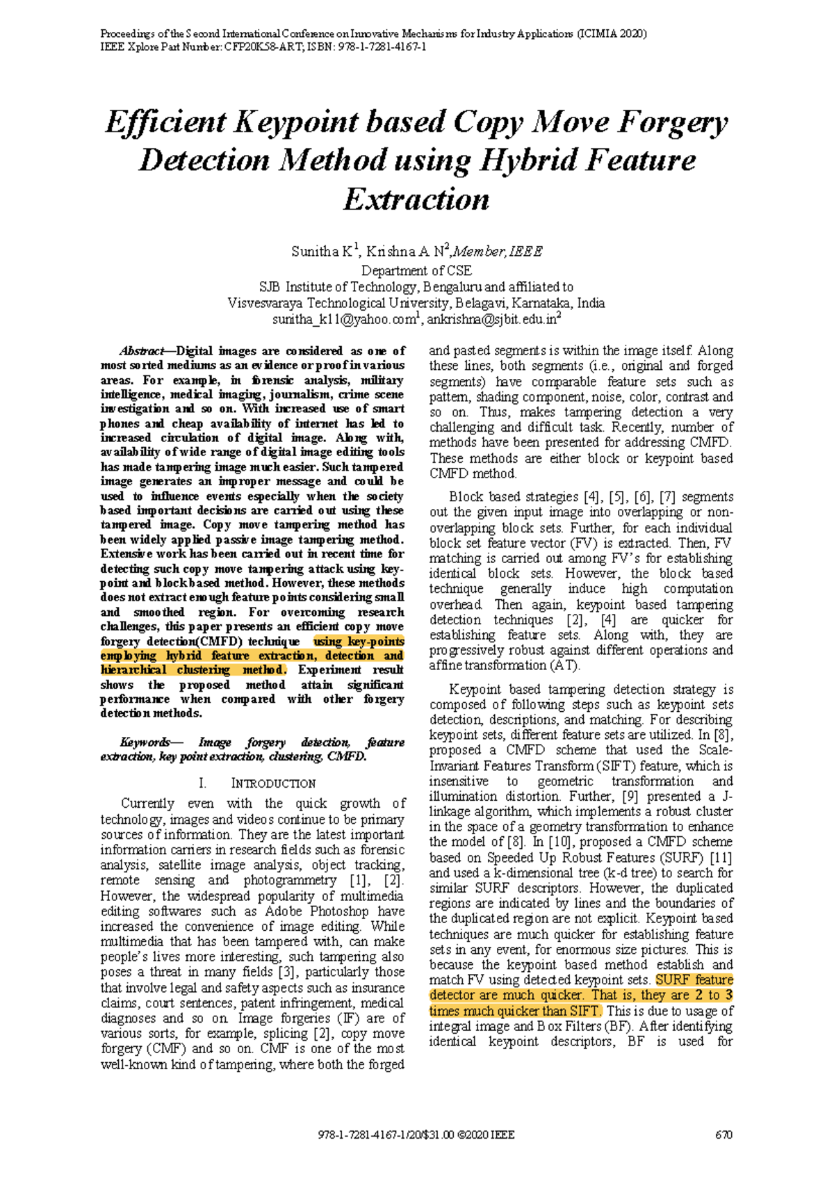 Efficient Keypoint based Copy Move Forgery Detection Method using Hybrid Feature Extraction ...