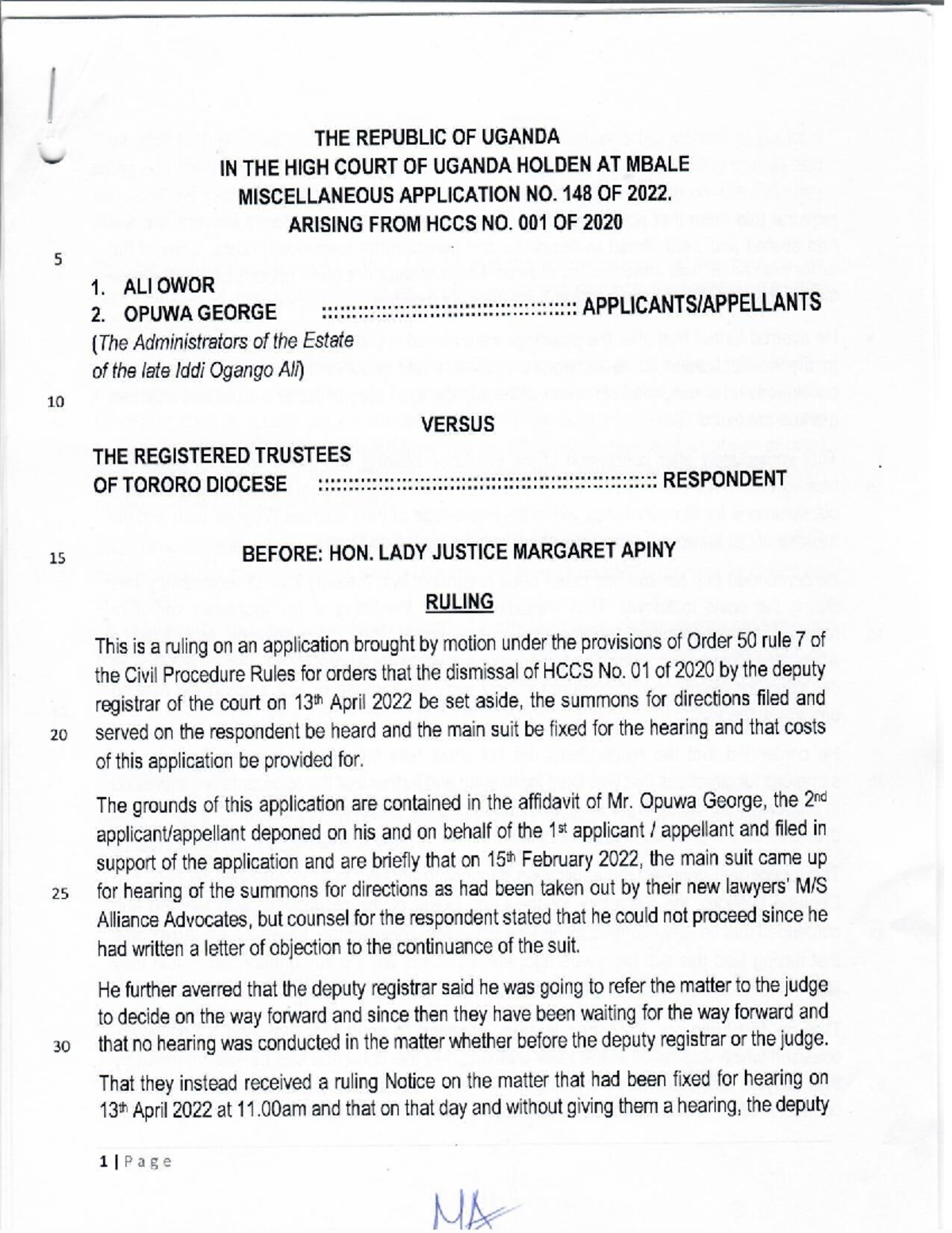 Owo and Another v Registered Trustees of Tororo Diocese (Miscellaneous ...