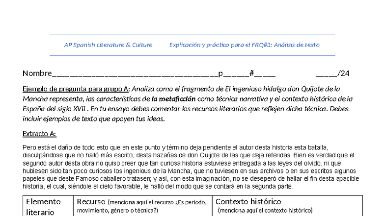 AP Spanish Literature: Análisis de Metaficción en Don Quijote - Studocu