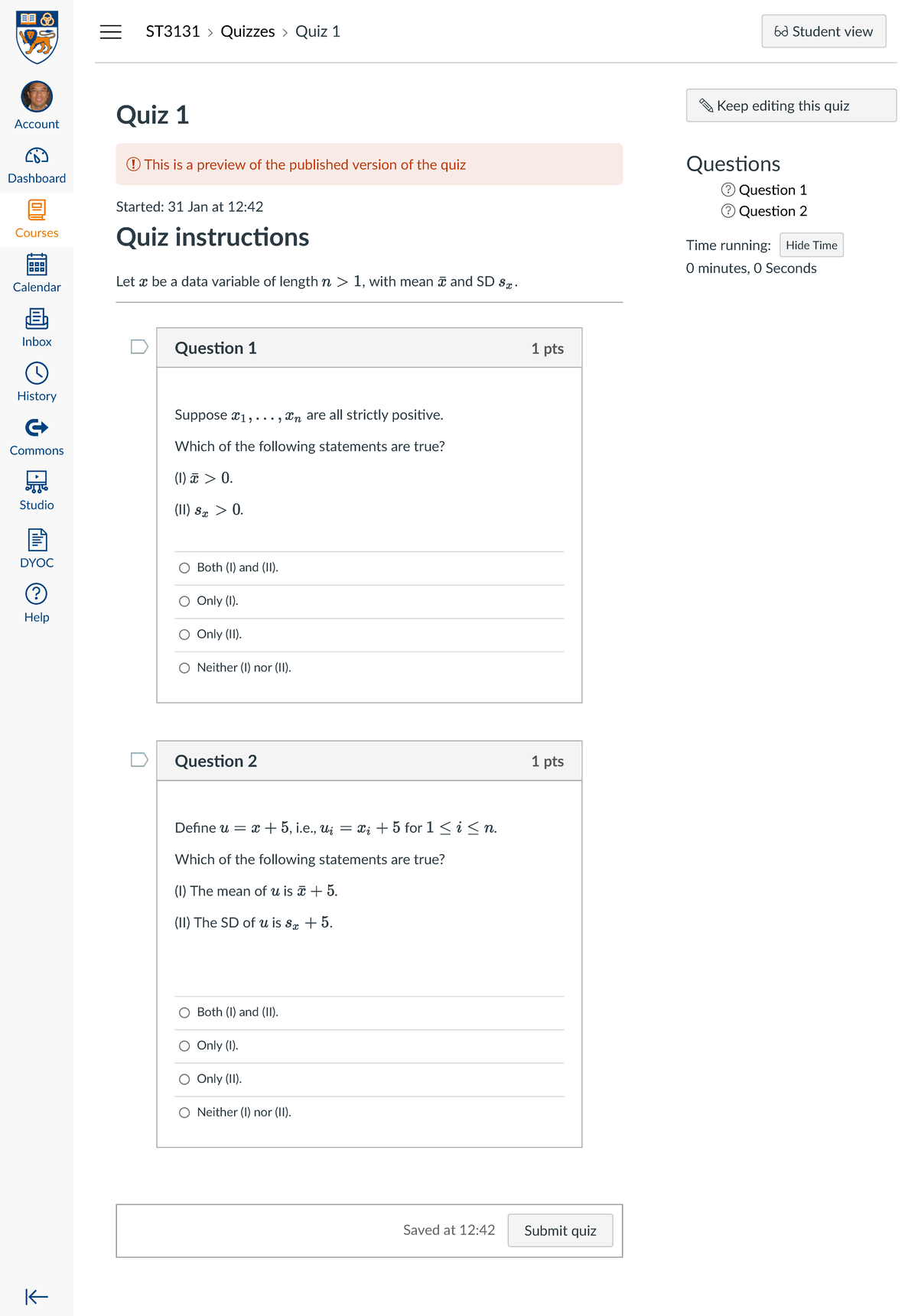 ST3131 Lecture Quiz Questions & Answers Overview - Studocu