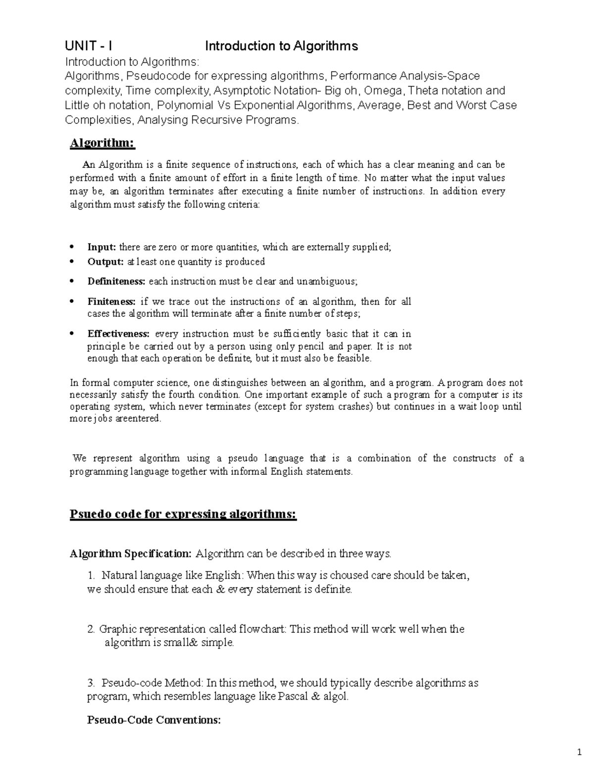 UNIT-1 Lecture Notes: Introduction to Algorithms and Complexity - Studocu