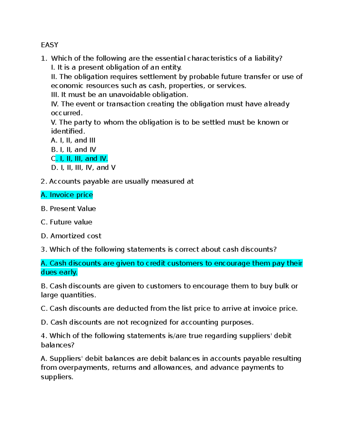 FAR 1: Questionnaire on Essential Characteristics of Liabilities - Studocu