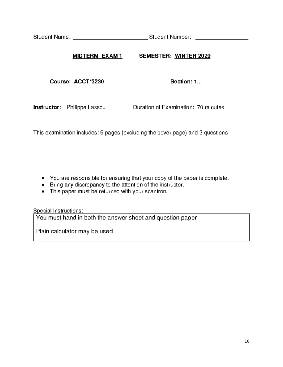 ACCT*3230 Midterm Exam 1 - Winter 2020 Analysis & Calculations - Studocu