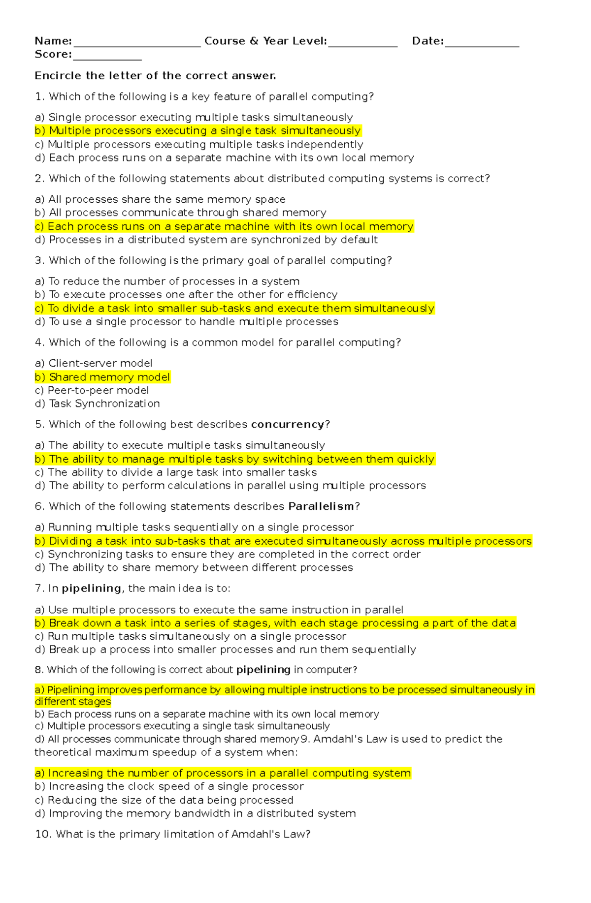 Parallel Computing Concepts and Quiz (Course Code: 4) - Studocu