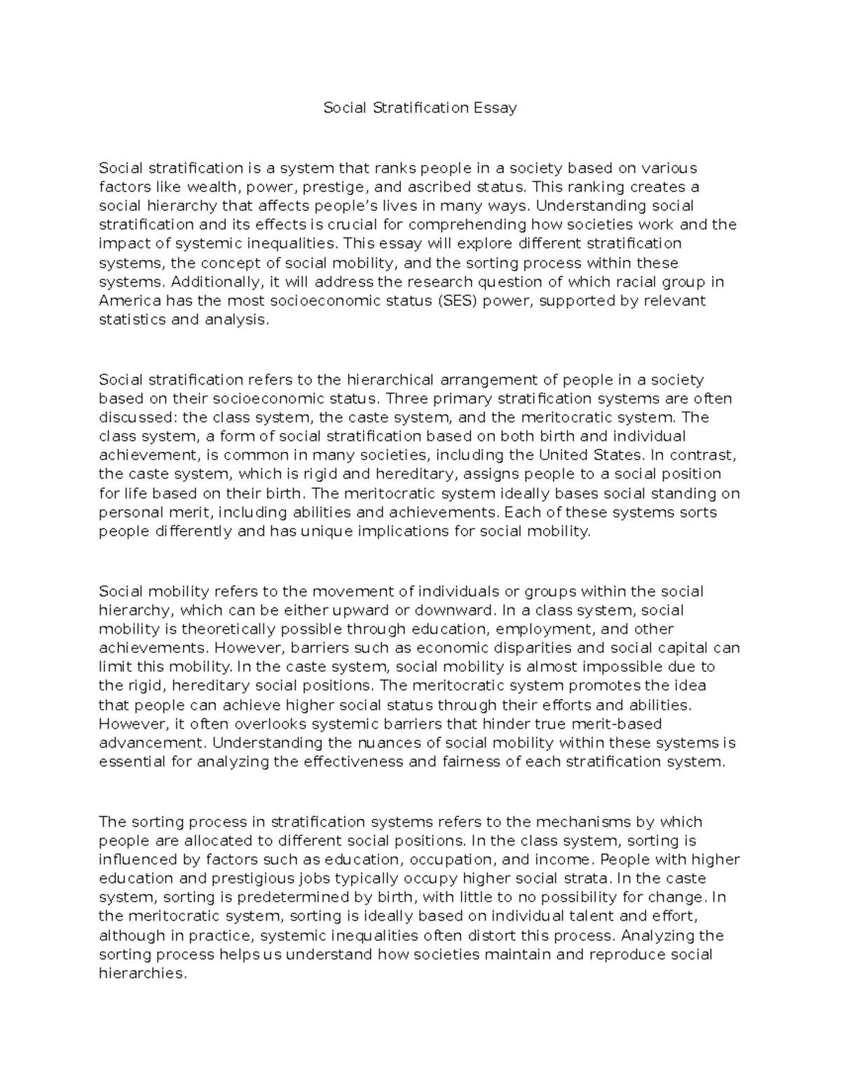 SOC 205: Social Stratification, SES Power & Mobility Insights Essay ...