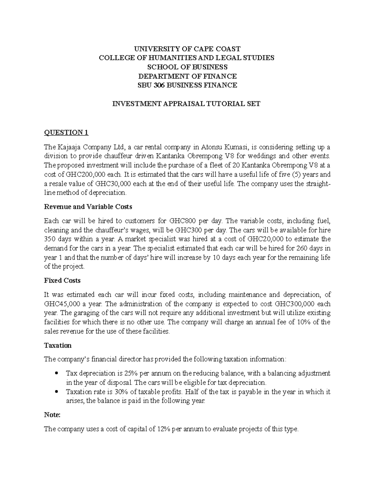 SBU 306 Business Finance: Investment Appraisal Tutorial Set 4 - Studocu