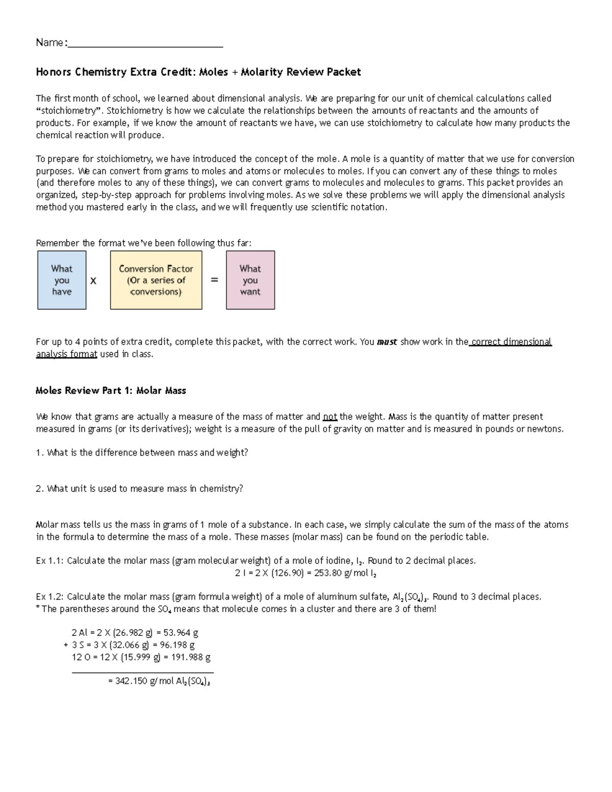 2024 Q1 H. Chem Extra Credit: Moles & Molarity Review Packet - Studocu