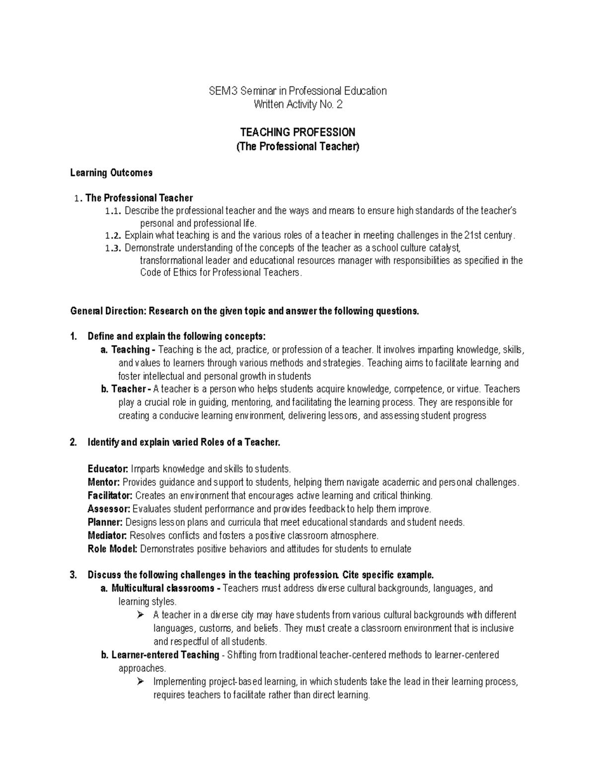 SEM 3 Seminar in Professional Education: The Professional Teacher ...