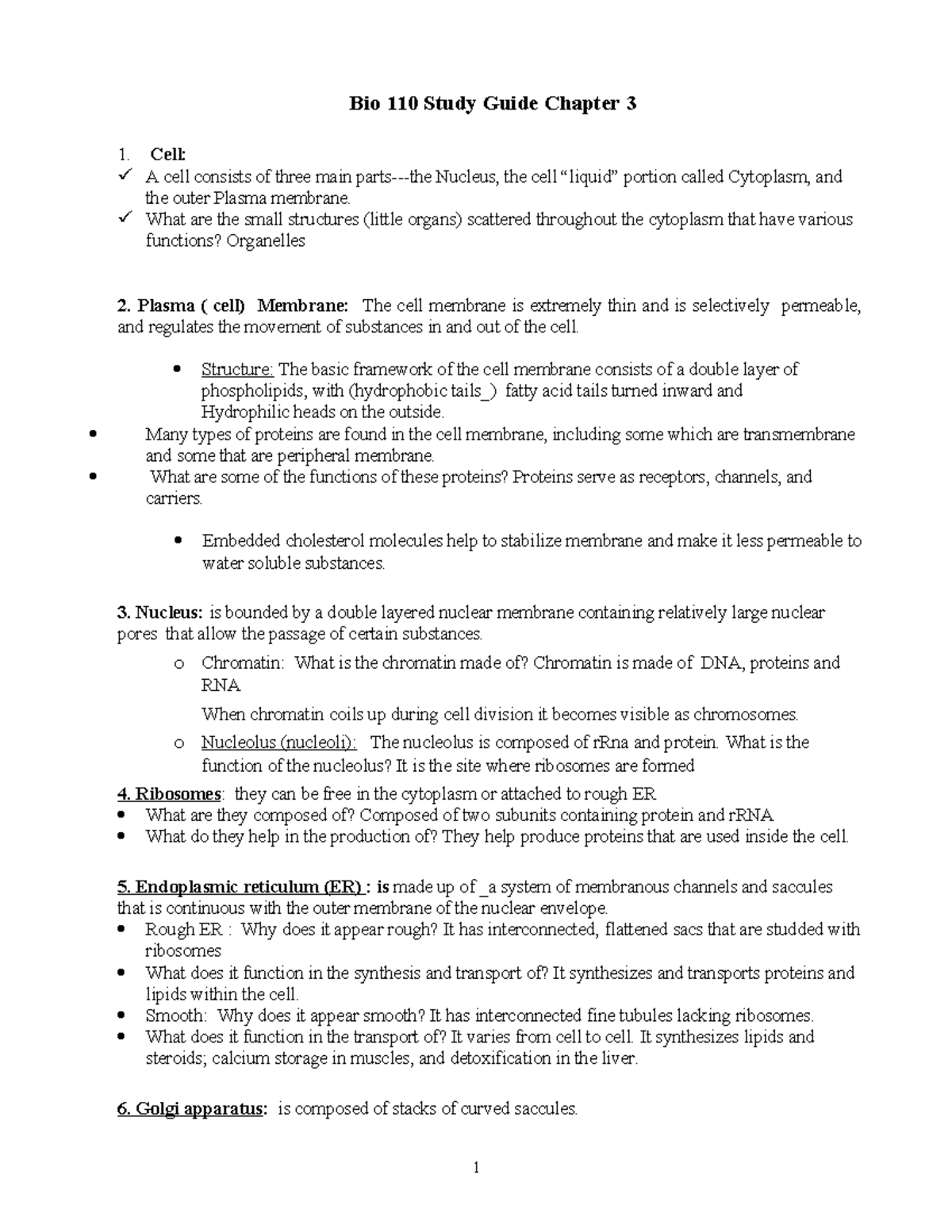 Bio 110 Final Exam Study Guide: Chapter 3 - Cell Structure & Function ...