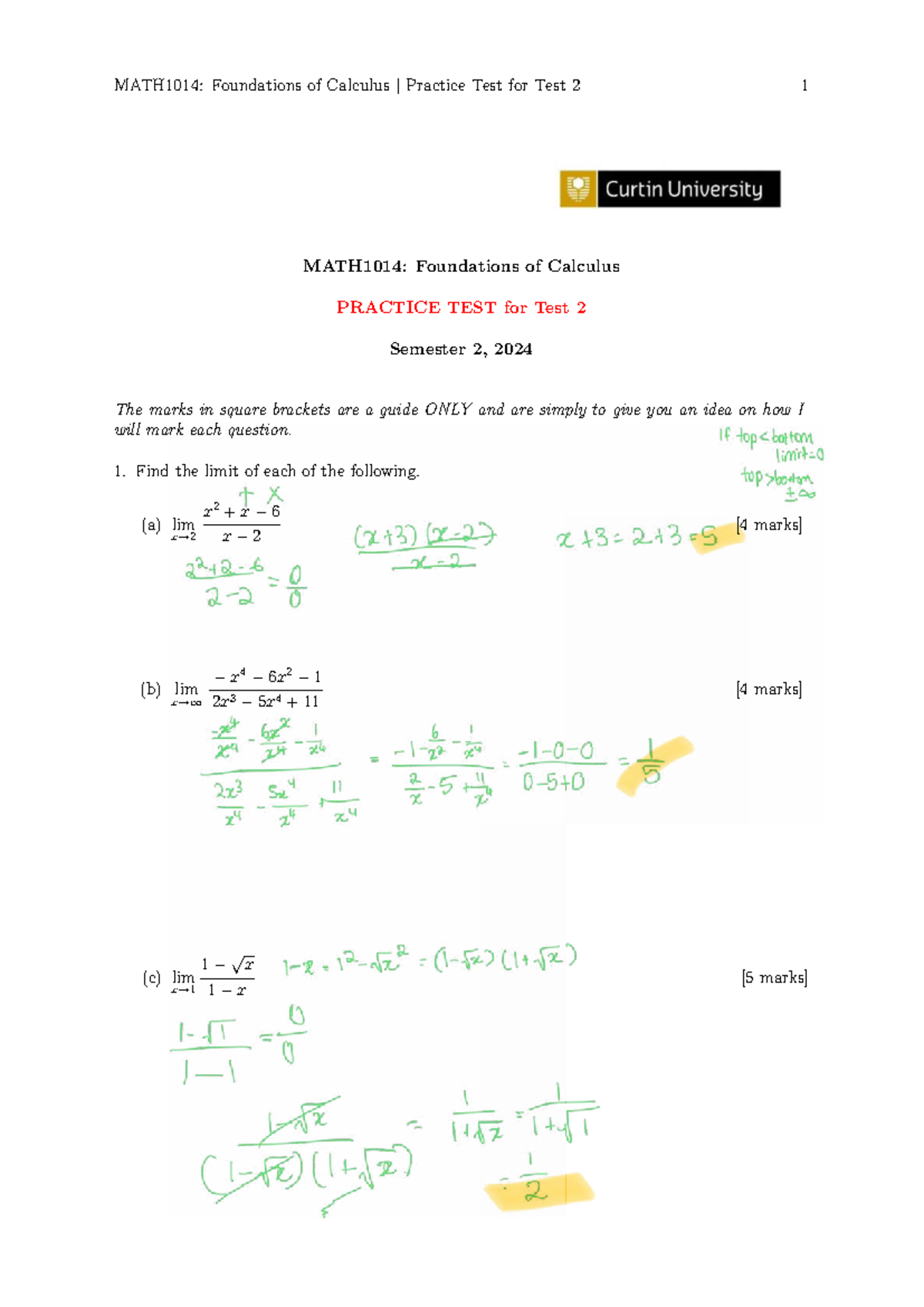MATH1014: Foundations of Calculus Annotated Practice Test for Test 2 ...