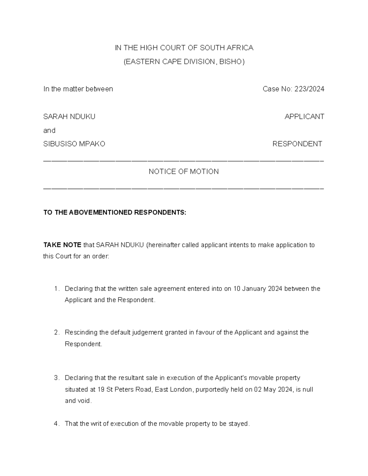 Notice of Motion - Case No. 223/2024: Nduku vs Mpako in High Court ...