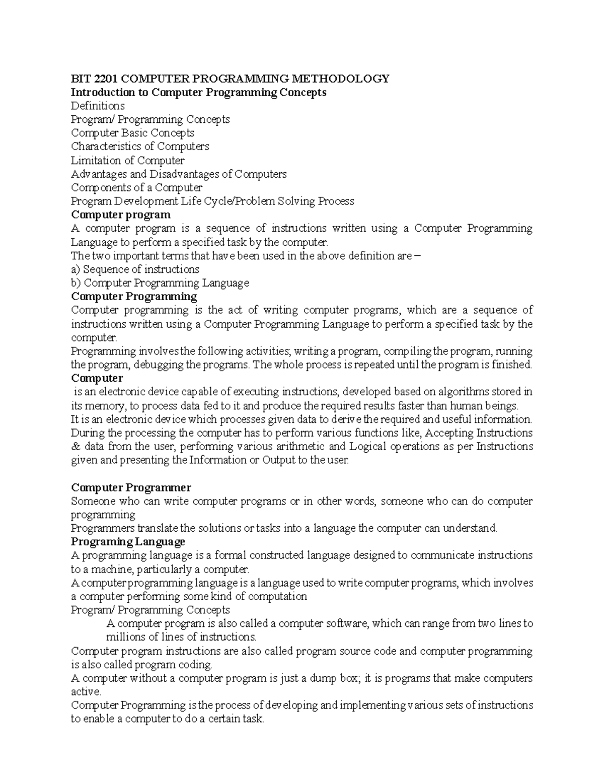 Programming Methodology All Notes Bit 2201 Computer Programming