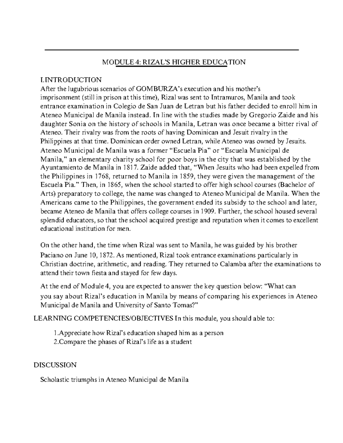 Handout Rizal's Higher Education - DISCUSSION Scholastic triumphs in ...