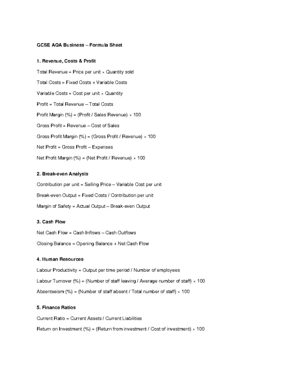 GCSE AQA Business Formula Sheet: Key Concepts & Calculations - Studocu