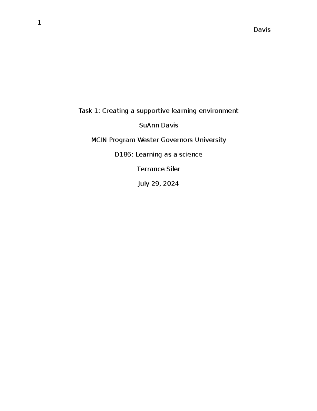 OMM1 TASK 1 Creating A Supportive Learning Environment - Davis Task 1: Creating a supportive ...