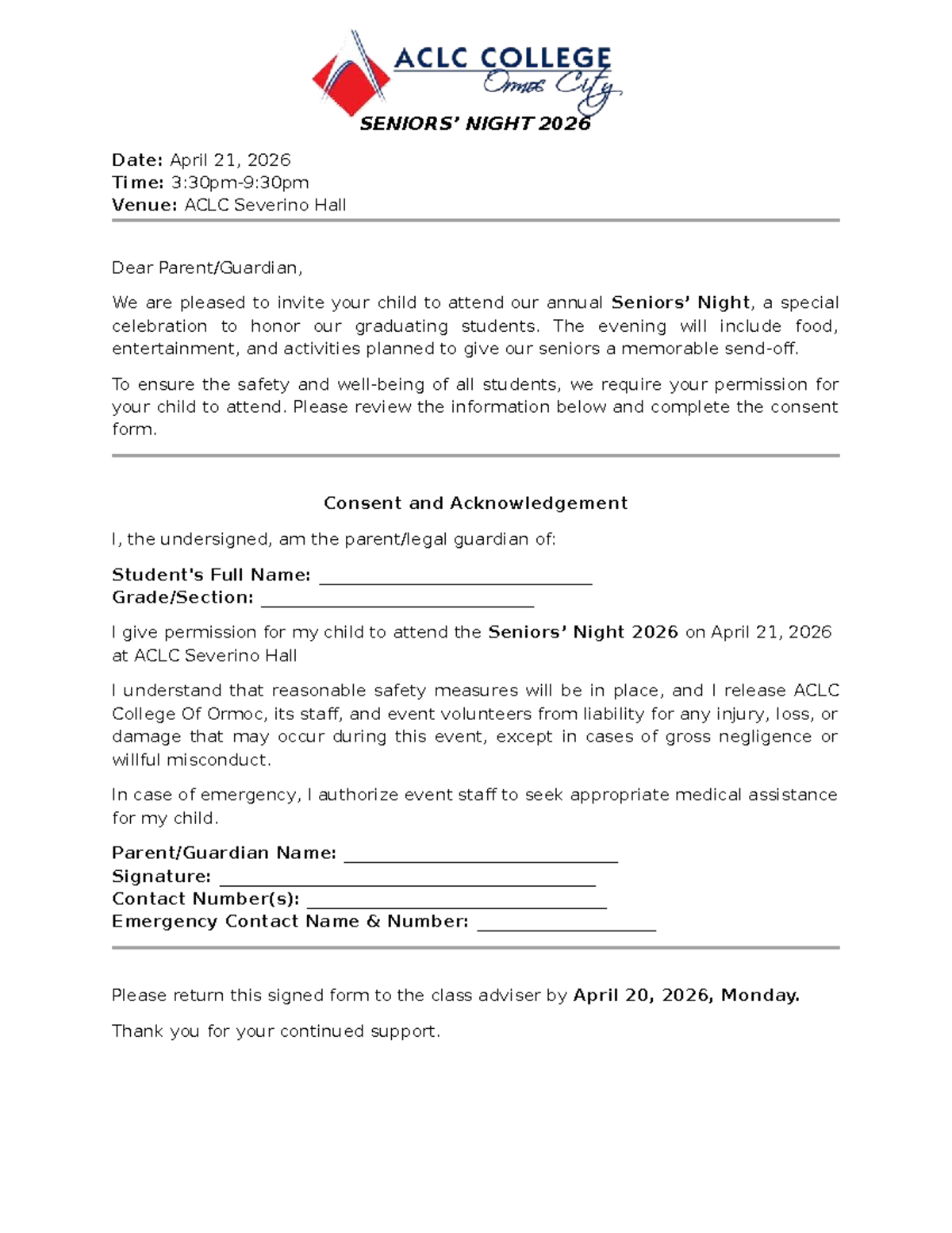 Seniors Night 2026: Parent Consent Form for ACLC Event - Studocu