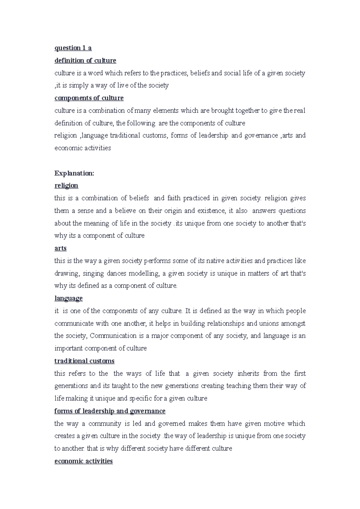 Culture - LECTURE NOTES - question 1 a definition of culture culture is ...