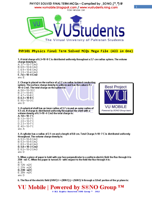 PHY101 Solved MCQs Final TERM BY Junaid - PHY101-Physics (LAST TIME PAPER) (MCQ’s) - Studocu