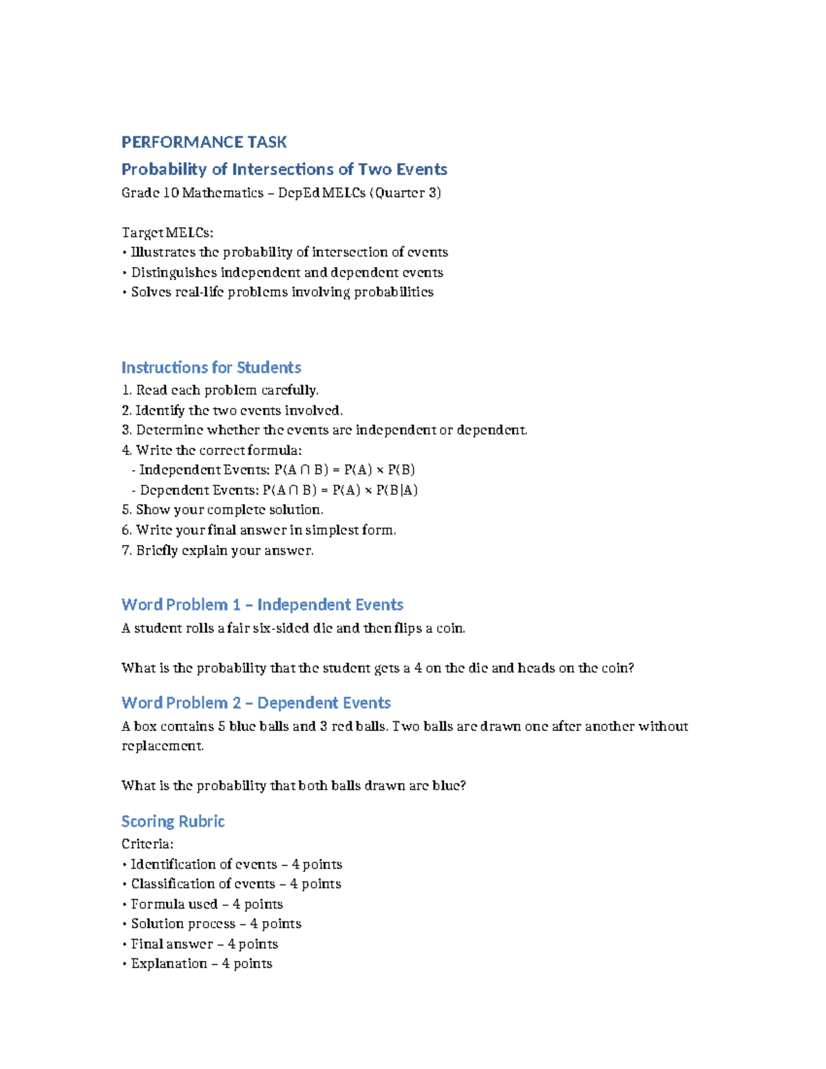 Performance Task: Probability of Event Intersections G10 Math - Studocu