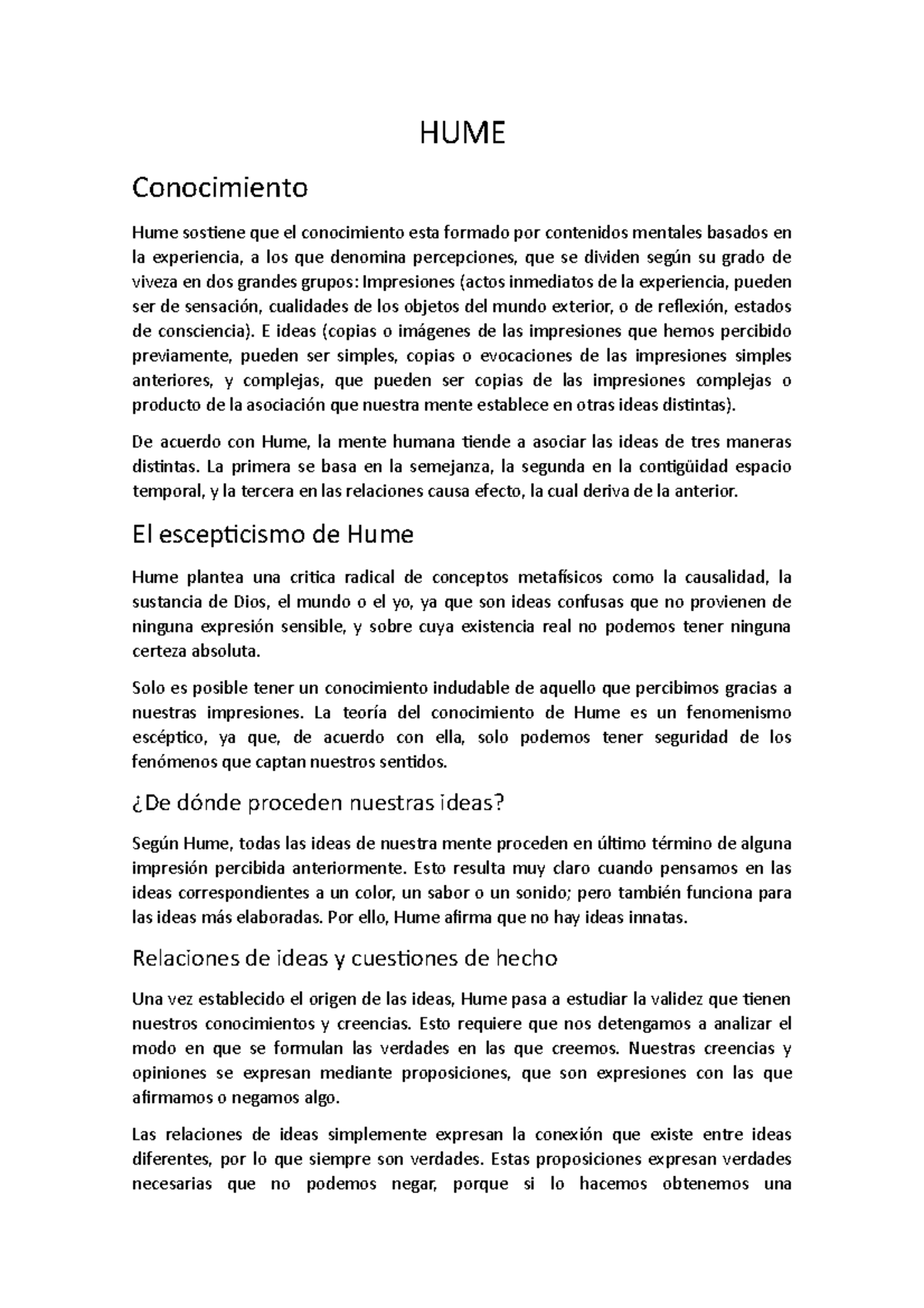 Resumen de HUME para bachillerato y la EvAU - HUME Conocimiento Hume sostiene que el ...