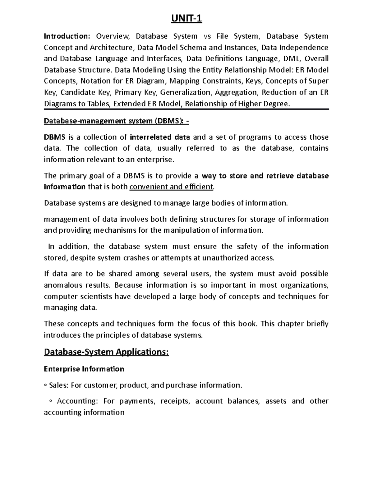 UNIT-1 database management system for MCA STUDENTS - UNIT- Introduction ...