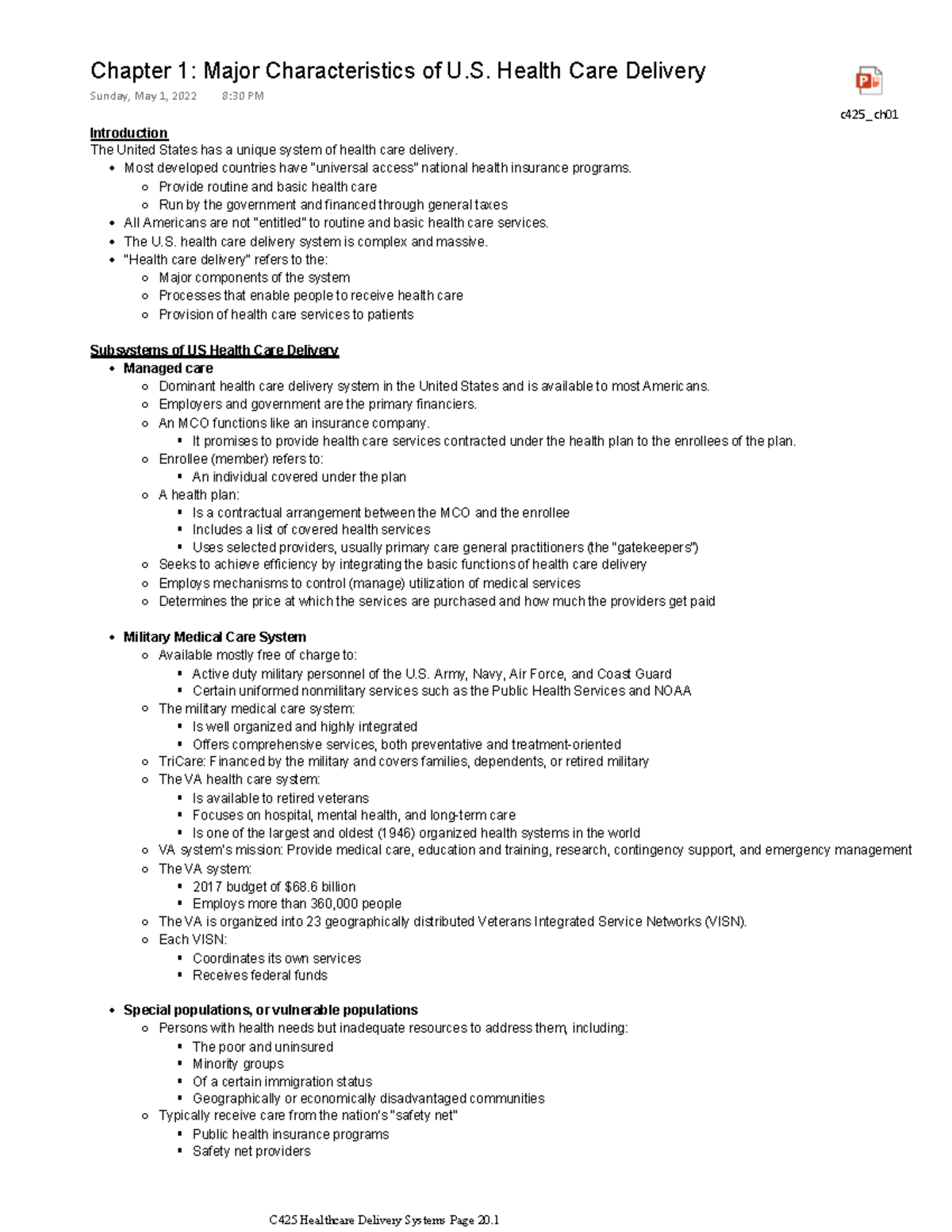 C425 - Chapter 1 Overview of US Health Care Delivery System - Studocu
