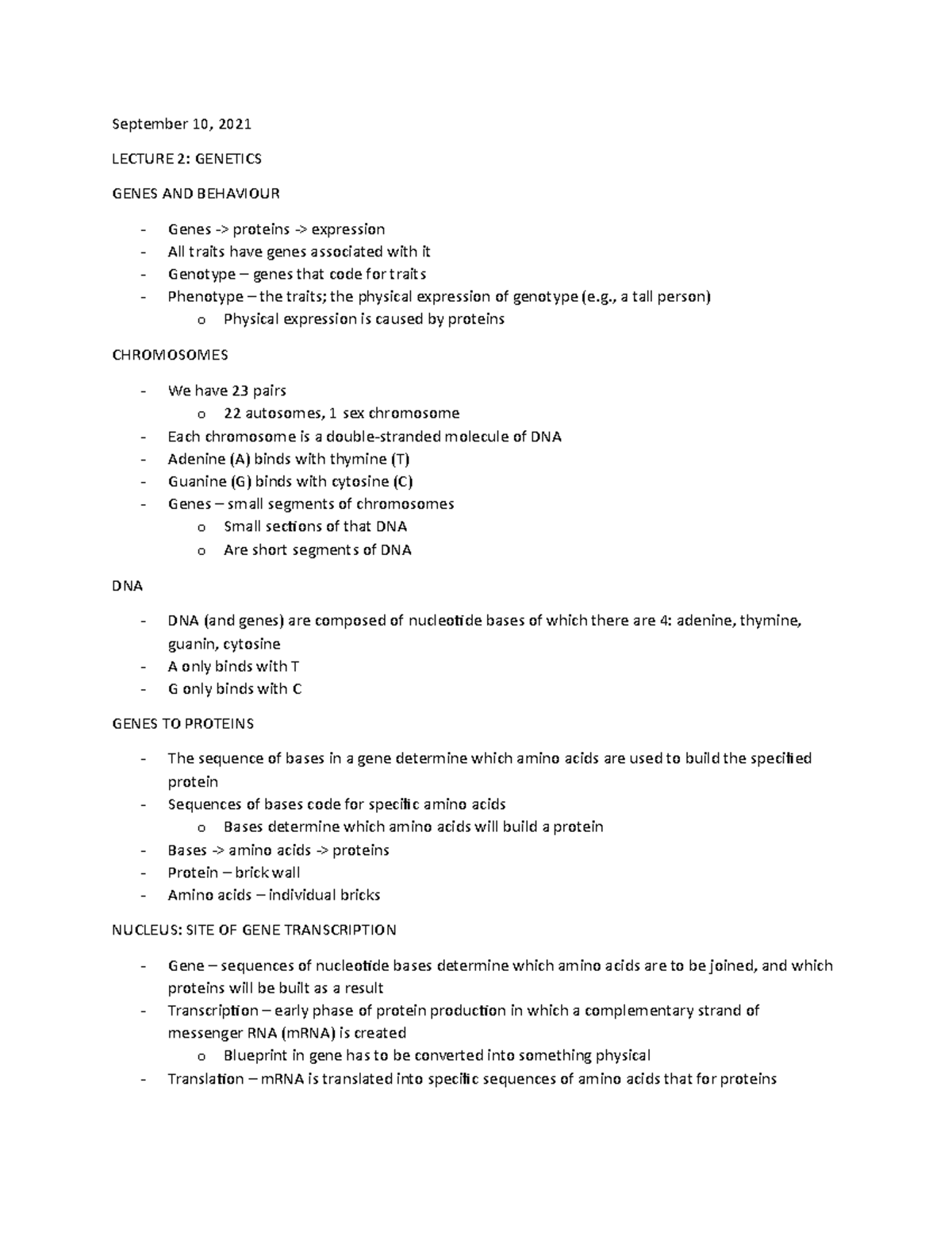 Genetics Lecture Notes (Sept 10) - Genes, DNA, Proteins, & Mutations ...