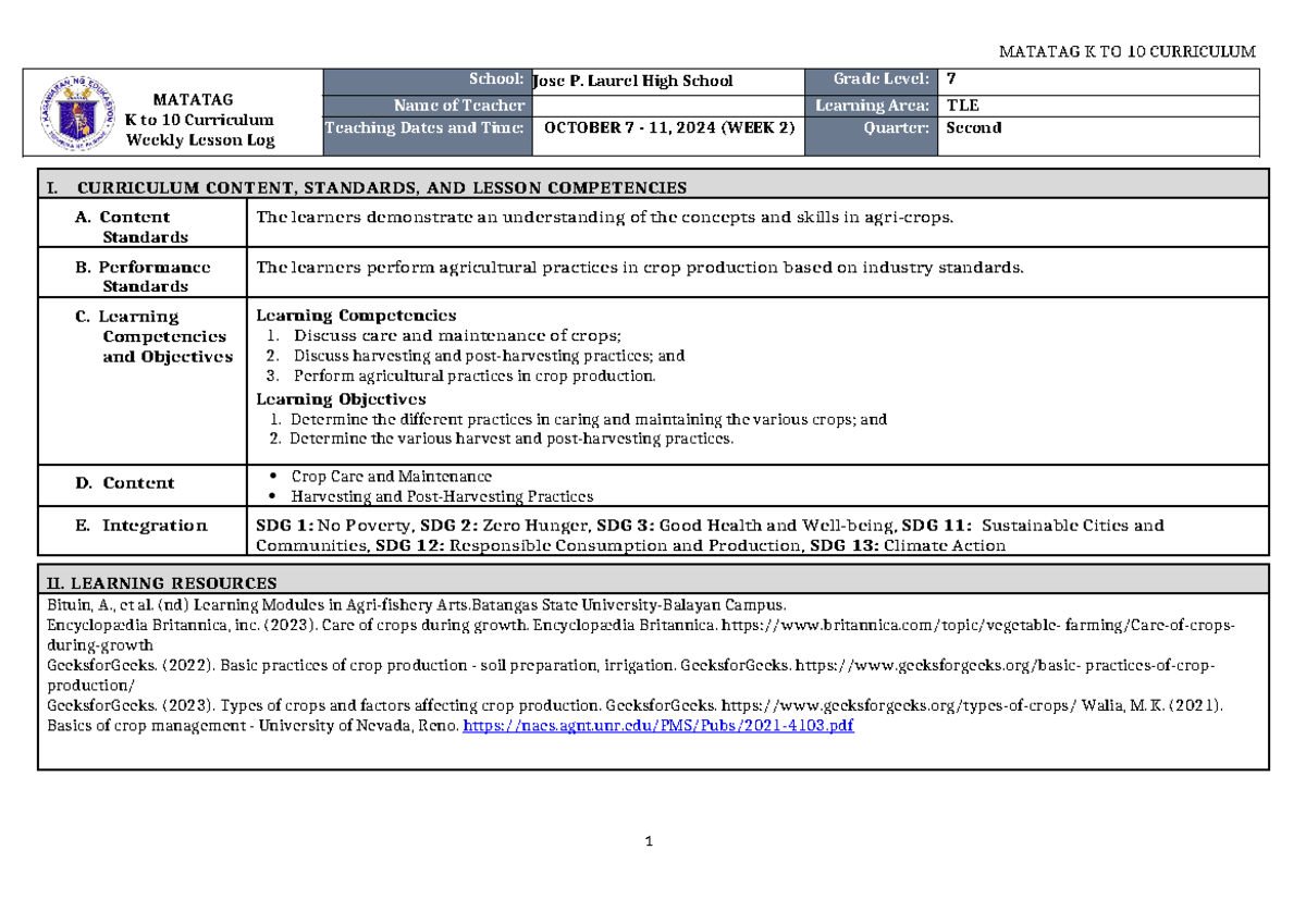 DLL Matatag TLE 7 Q2 W2 - LESSON PLAN IN G7 - MATATAG K to 10 Curriculum Weekly Lesson Log ...