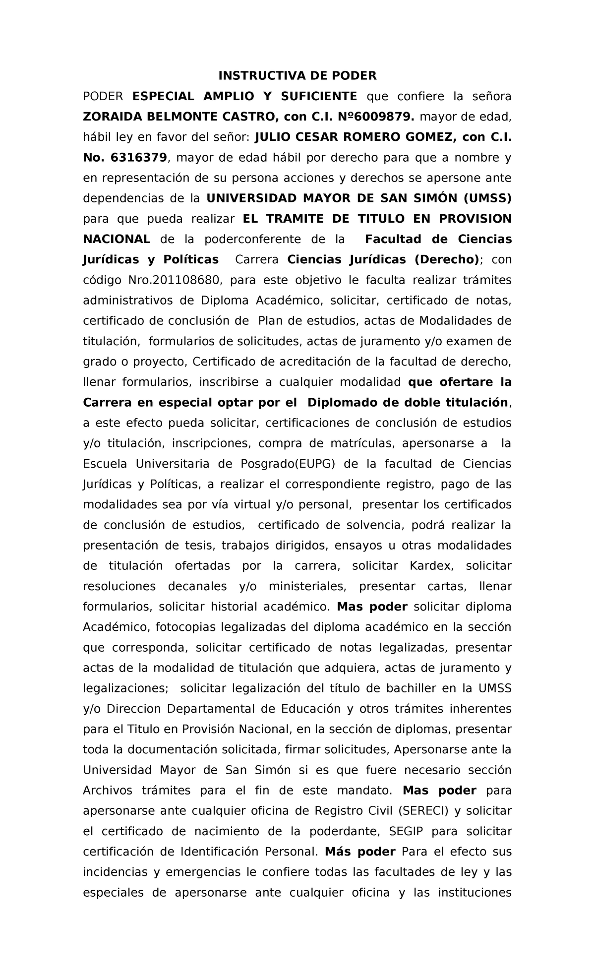 Instruc Titulo Zoraida - INSTRUCTIVA DE PODER PODER ESPECIAL AMPLIO Y ...
