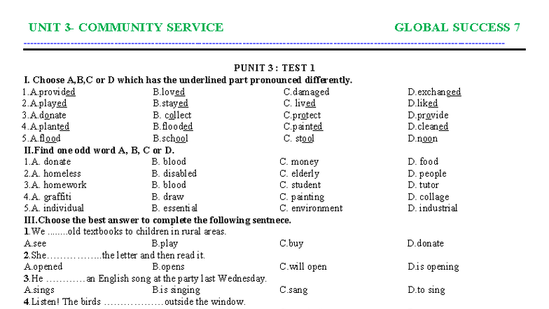 UNIT 3: COMMUNITY SERVICE GLOBAL SUCCESS 7 - TEST 1 REVIEW - Studocu