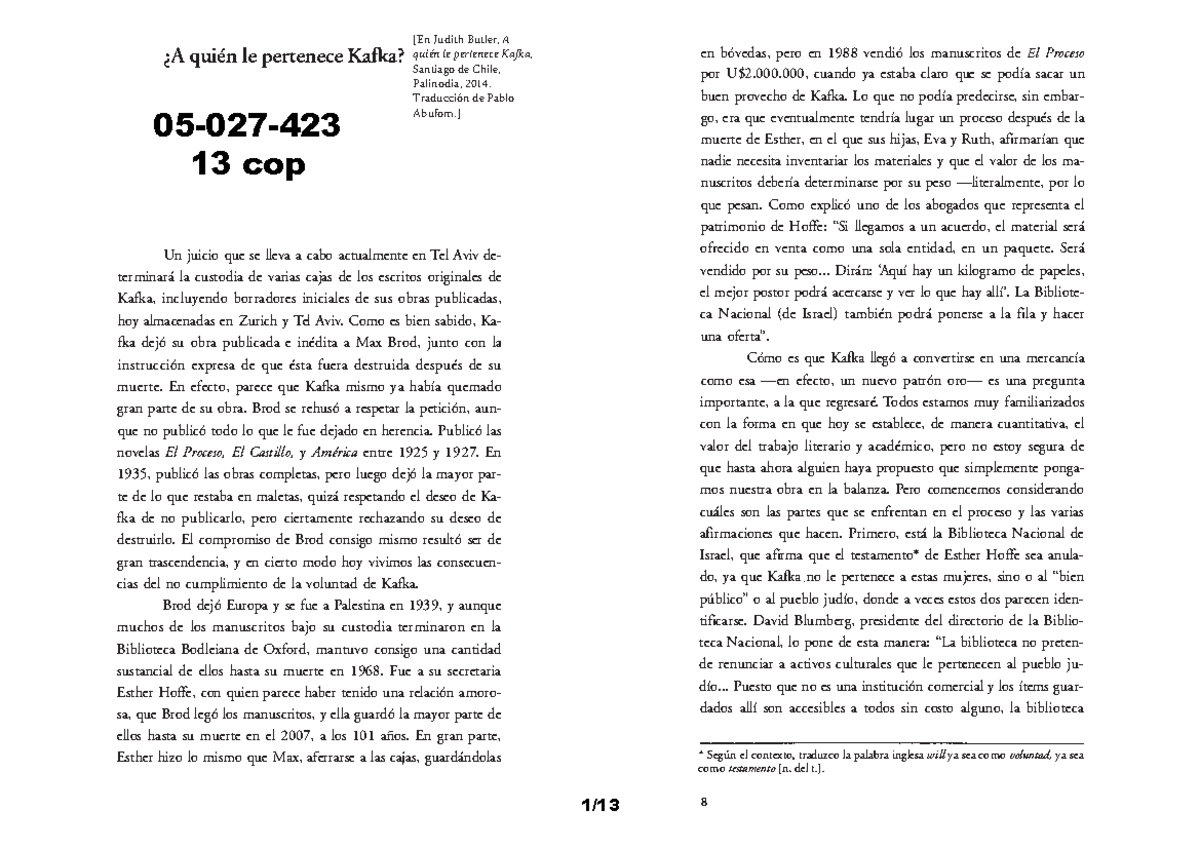 Butler - A Quién Le Pertenece Kafka: Análisis y Reflexiones - Studocu