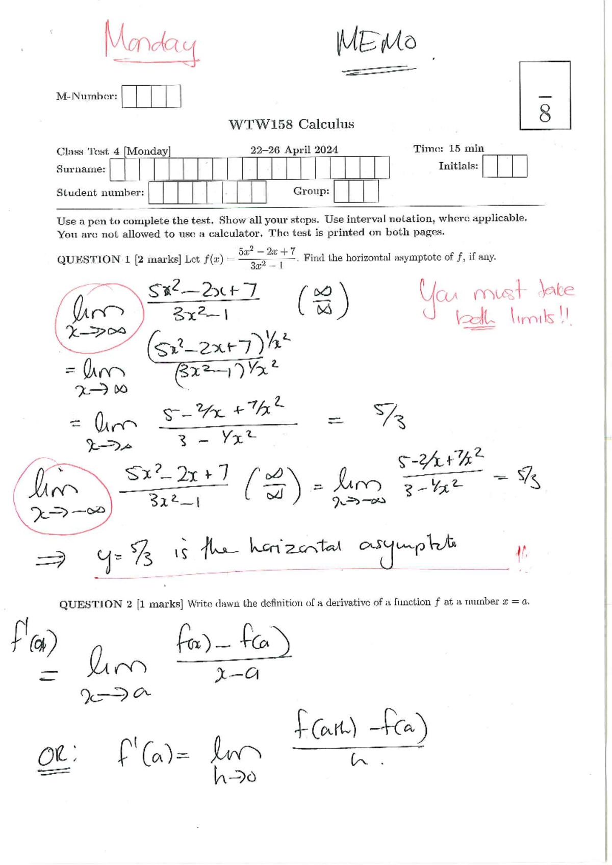 Memo For Wtw158 Calculus Class Test 4 - April 2024 - Studocu