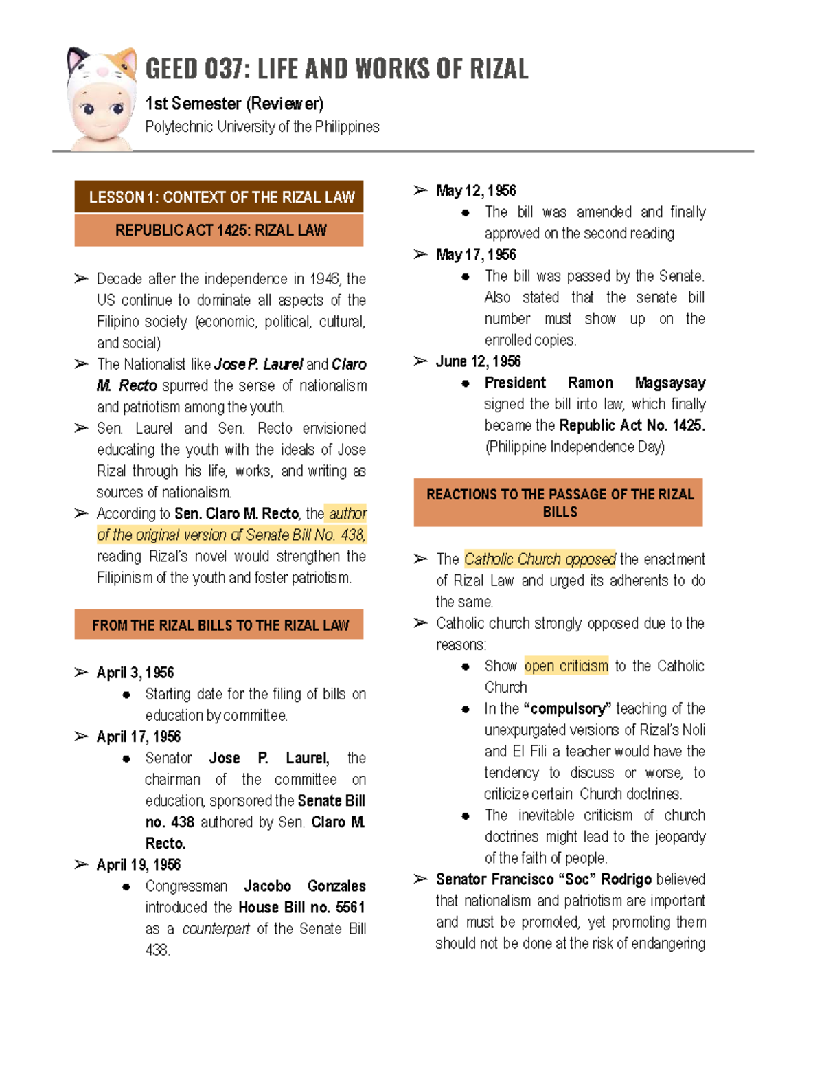 GEED 037 Midterm Reviewer: Life and Works of Jose Rizal - Studocu