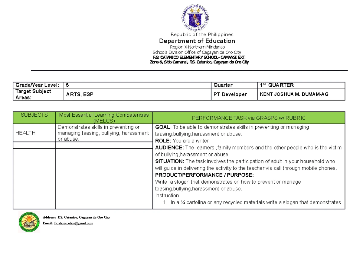 Grade 6 Quarter 1 - Performance task 2 - Department of Education Region ...