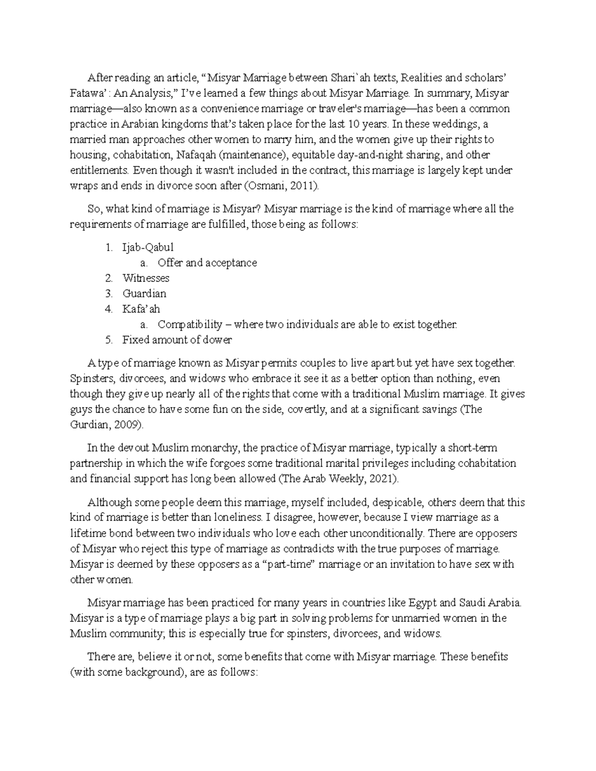 Misyar Marriage: Insights and Implications - Current Issue 7 - Studocu