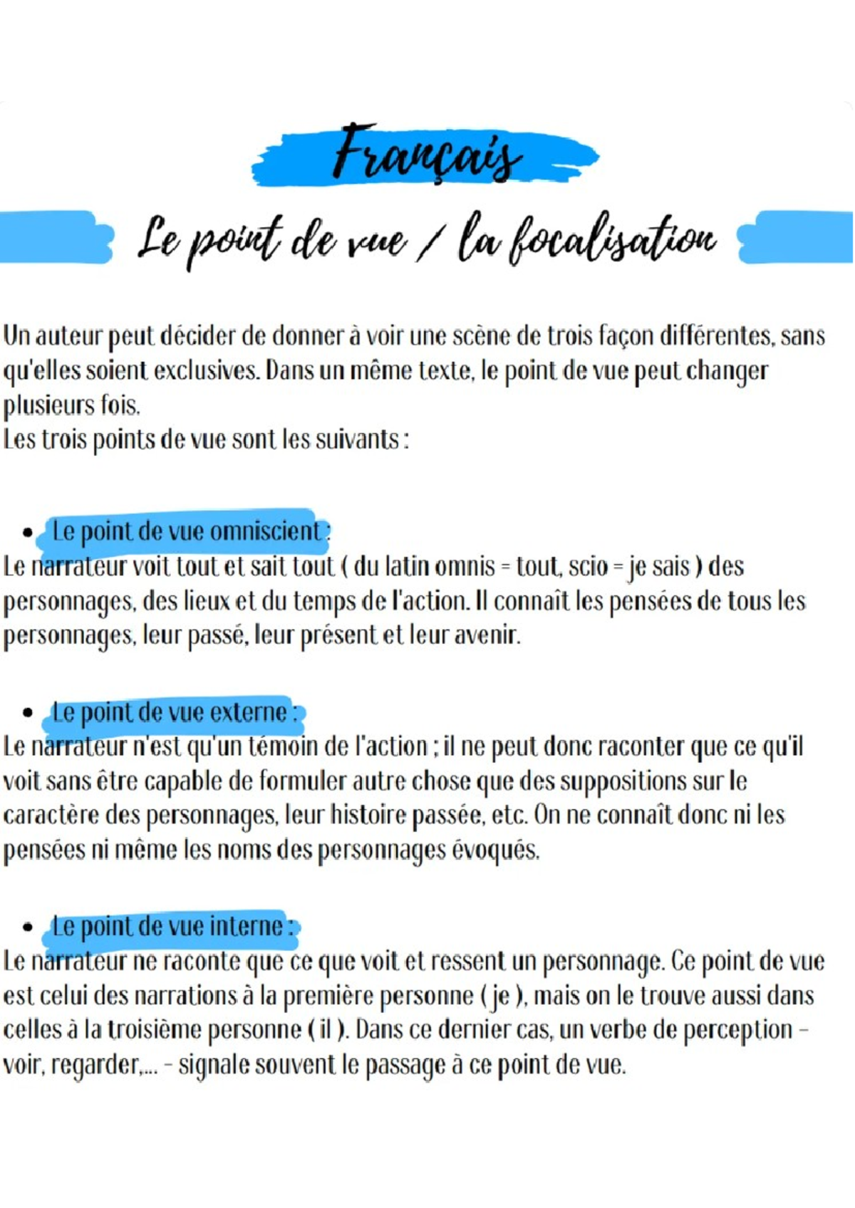Analyse des Points de Vue en Littérature - Cours Français - Studocu