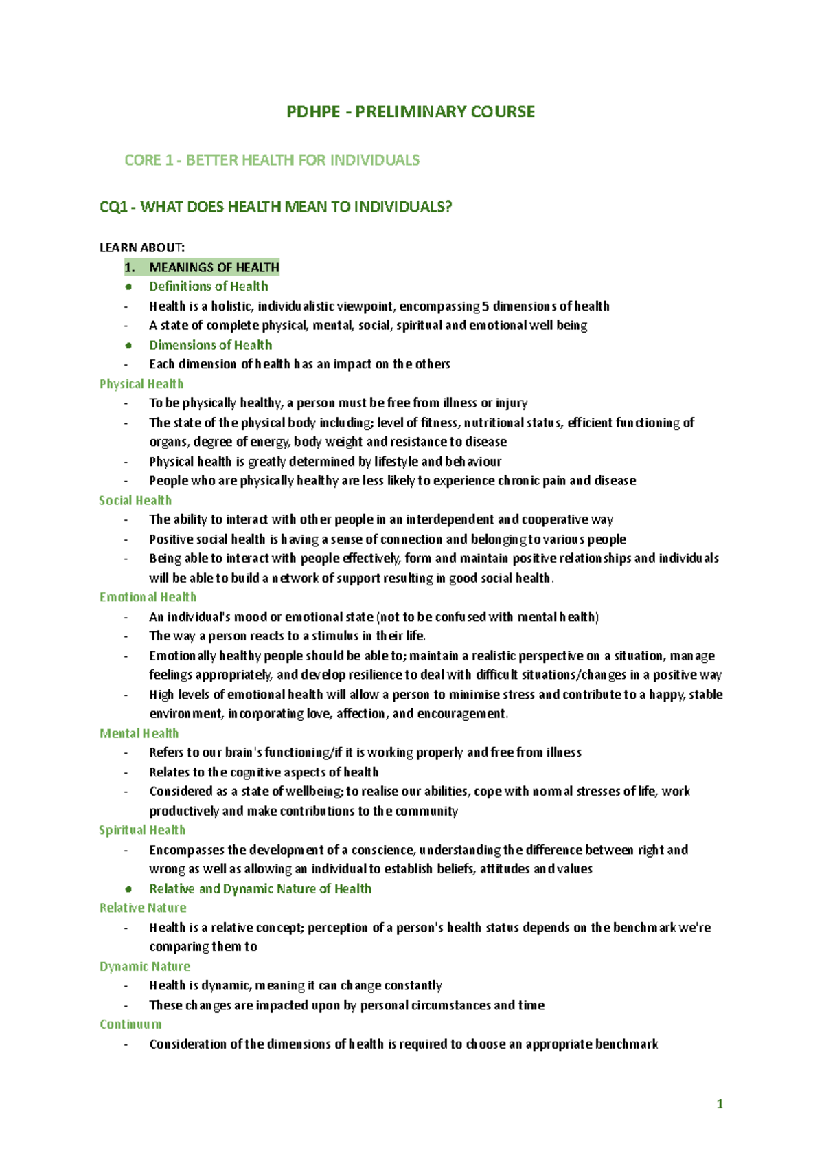 PDHPE Preliminary Course Core 1: Understanding Health Dimensions and ...