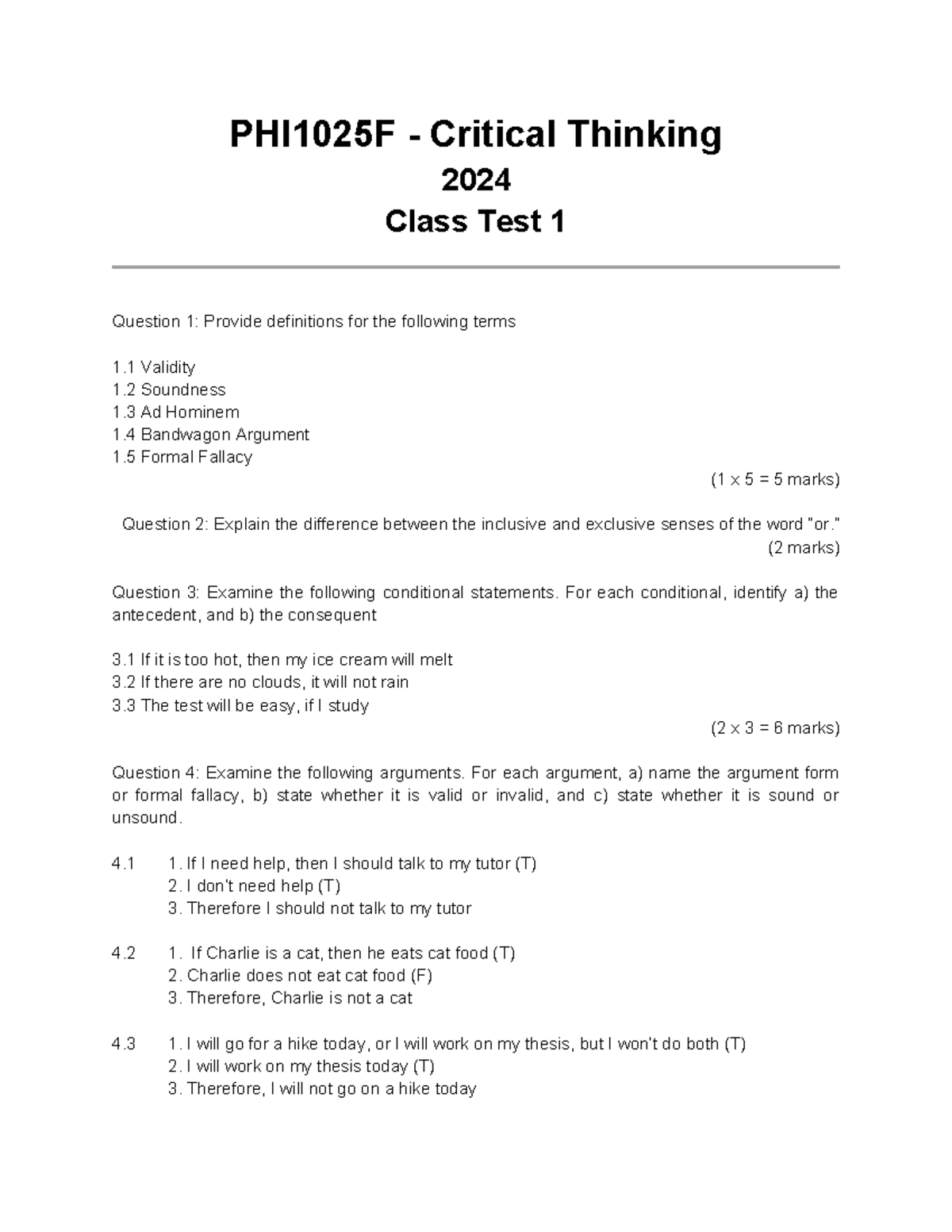 PHI1025F Critical Thinking Class Test 1 - Definitions & Arguments - Studocu