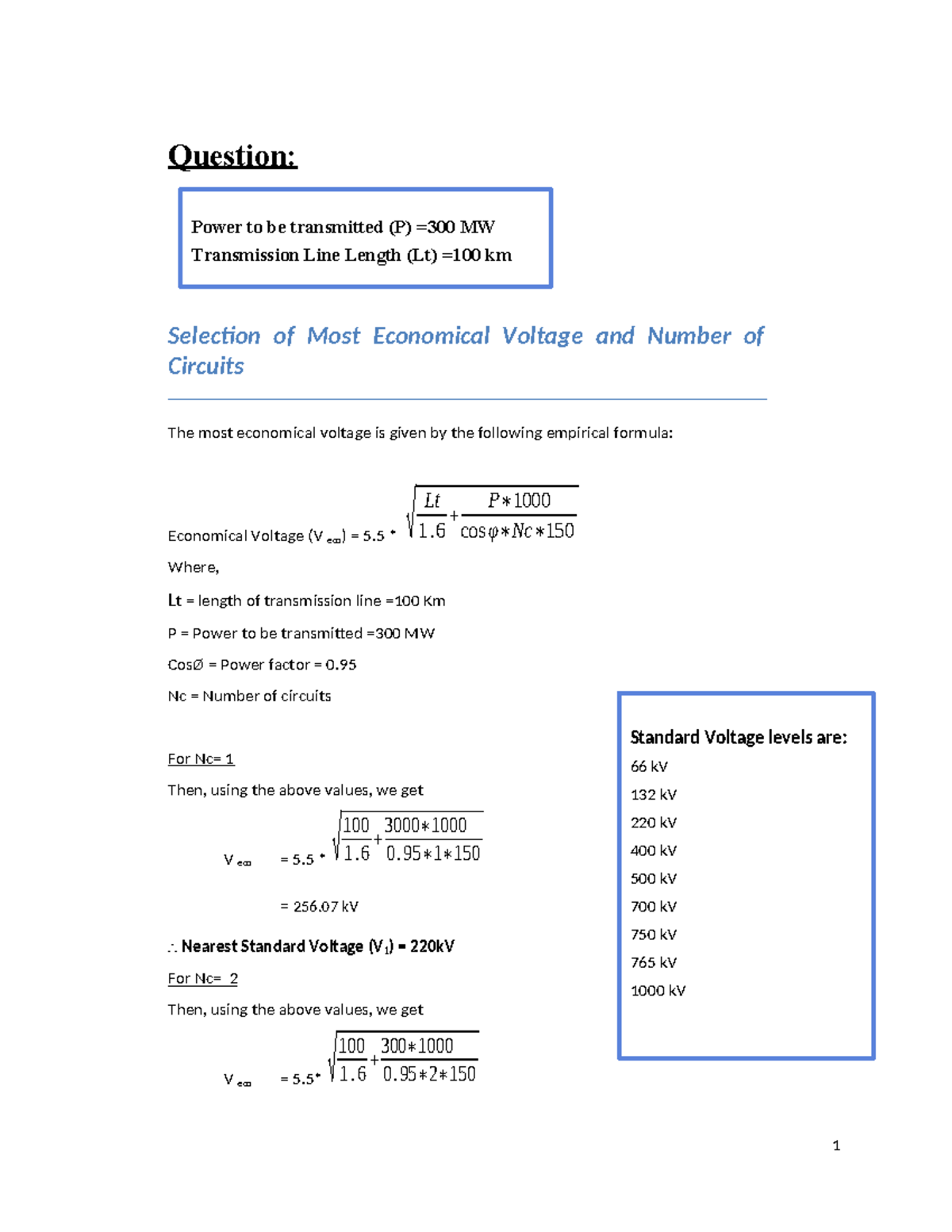300MW Transmission Line Design Lab Report - Economical Voltage ...
