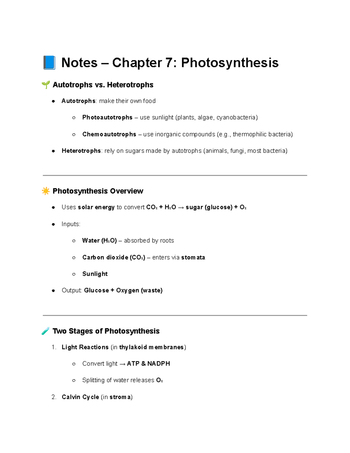 Chapter 7: Photosynthesis Notes and Key Concepts (BIO101) - Studocu