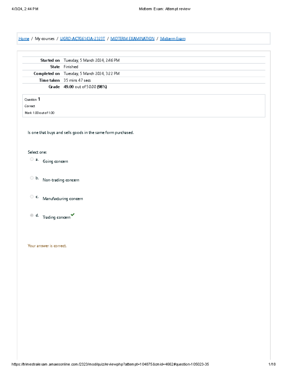 Midterm Exam Con Fram - Review - Home / My courses / UGRD-ACTG6143A ...