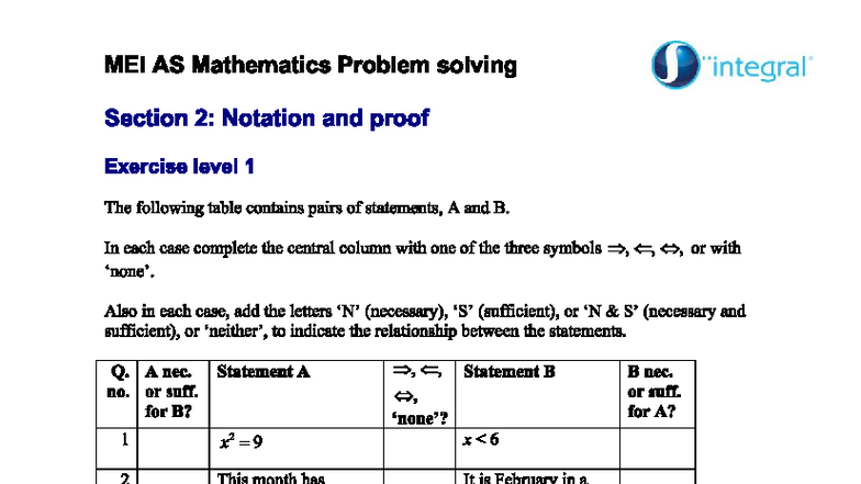 MEI AS Mathematics Problem Solving: Notation & Proof Exercises - Studocu