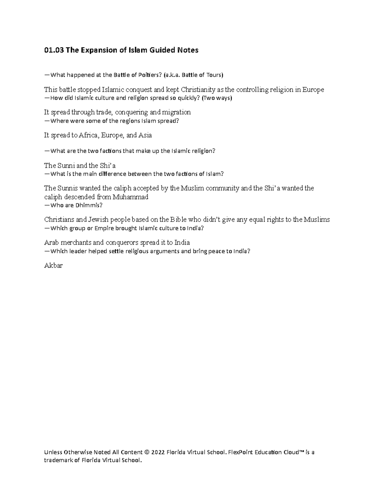 Islam Expansion Guided Notes (01.03): Key Events & Cultural Spread ...