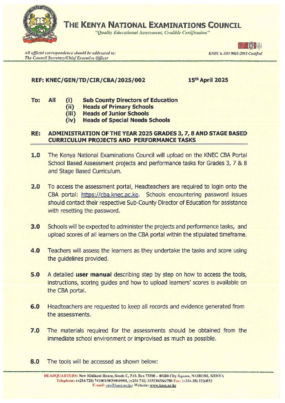 KNEC Circular: Admin of 2025 Grades 3, 7 & 8 Stage-Based Projects - Studocu