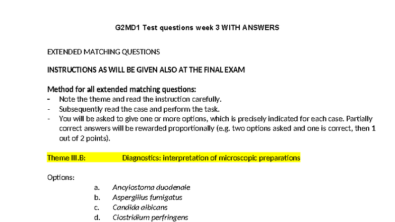 G2MD1 W3 Test Questions: Extended Matching with Answers - Studeersnel