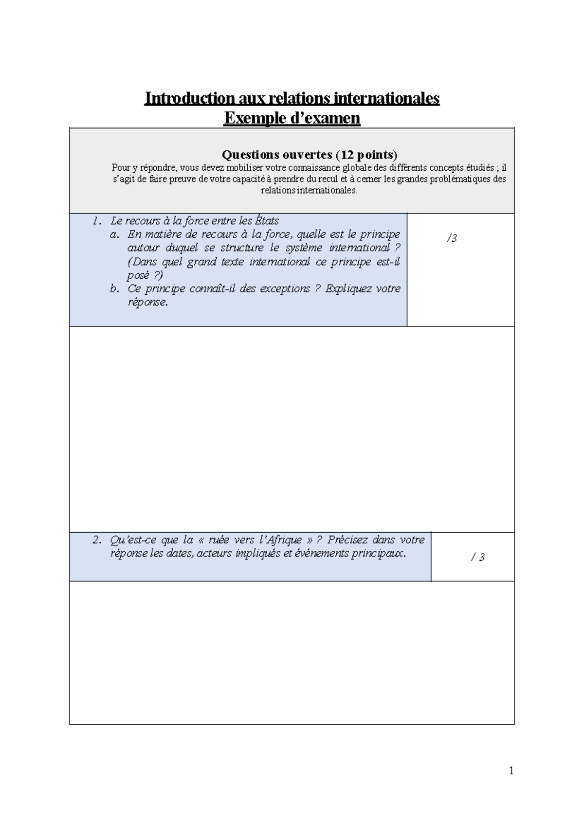 Introduction aux relations internationales - Exemple Examen (12 pts ...