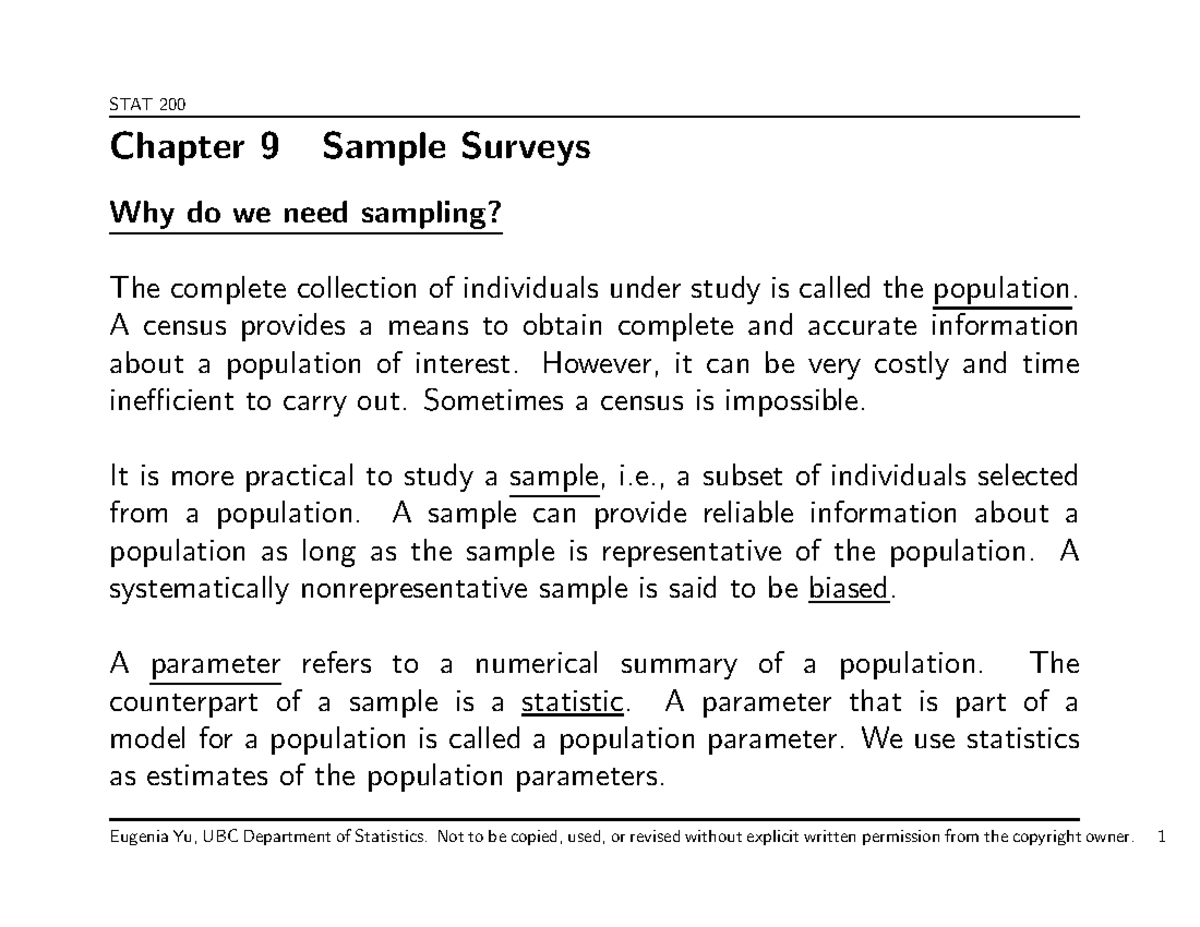 STAT 200 Chapter 9: Understanding Sample Surveys and Sampling Methods ...
