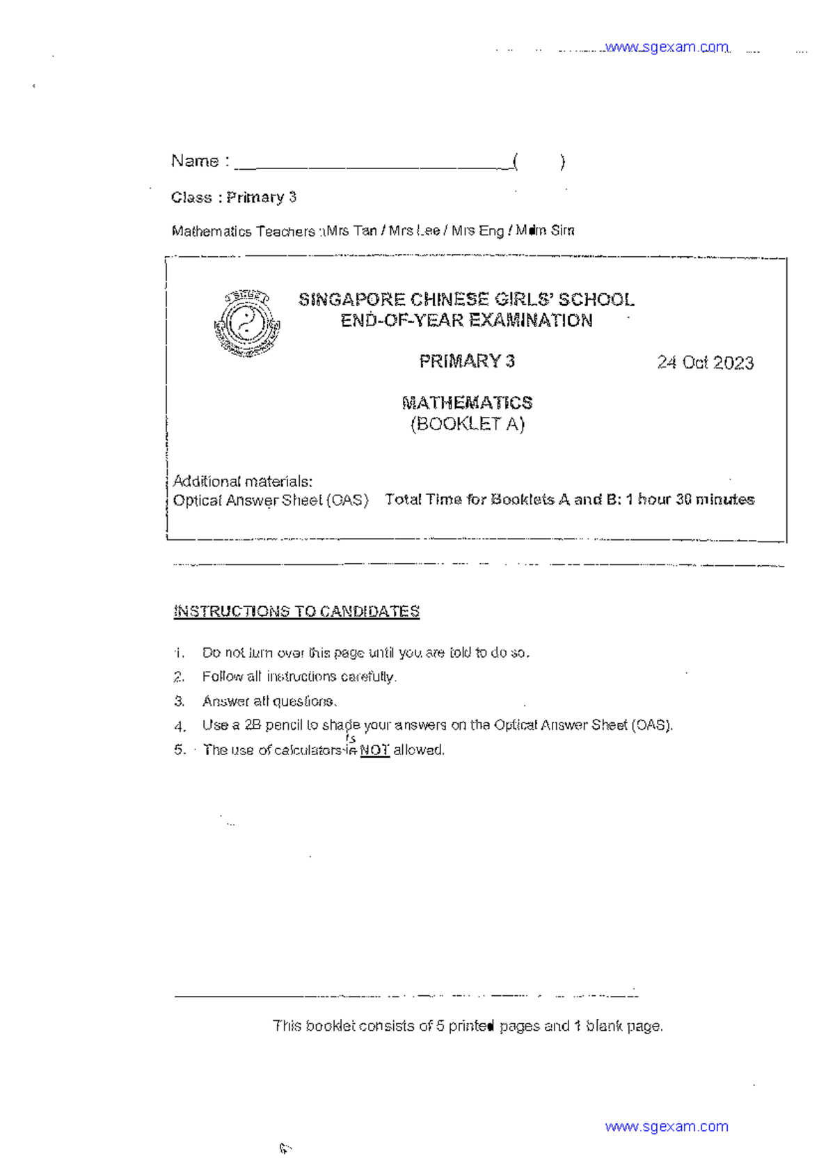 2023-P3-Maths-End Of Year Exam-SCGS 2 - Name: -( Class : Primary 3 ...