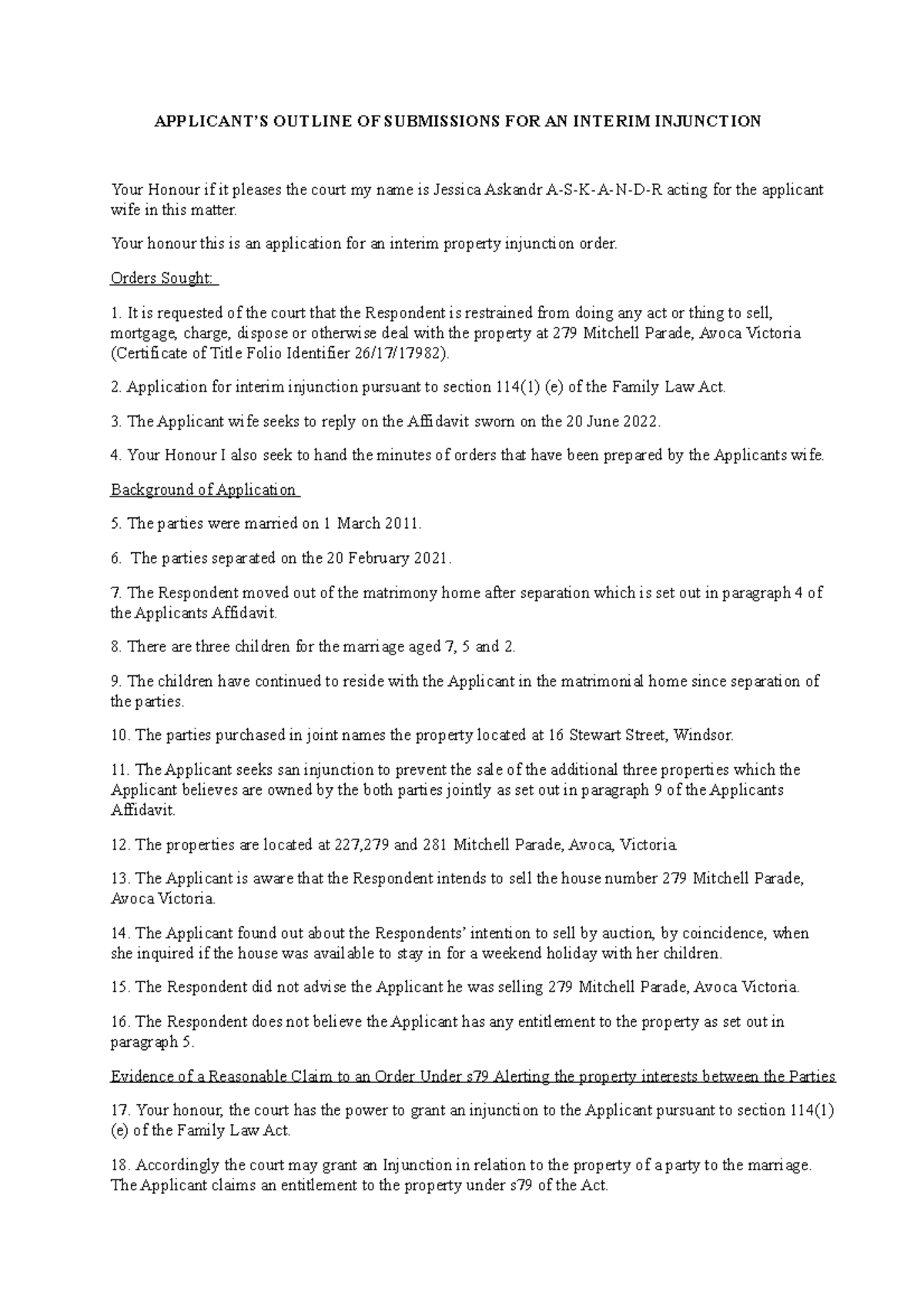 Family Law 2.1 Final Assignment: Interim Injunction Application ...